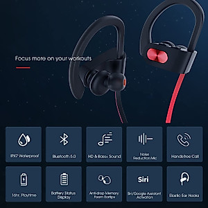 Bluetooth Headphones V5.0, Flame Running Headphones w/16 Hrs Playtime, Bass+ HD Stereo Wireless Sports Earphones w/IPX7 Waterproof Earbuds in Ear for Workout, Gym w/CVC6.0 Noise Cancelling Mic Red