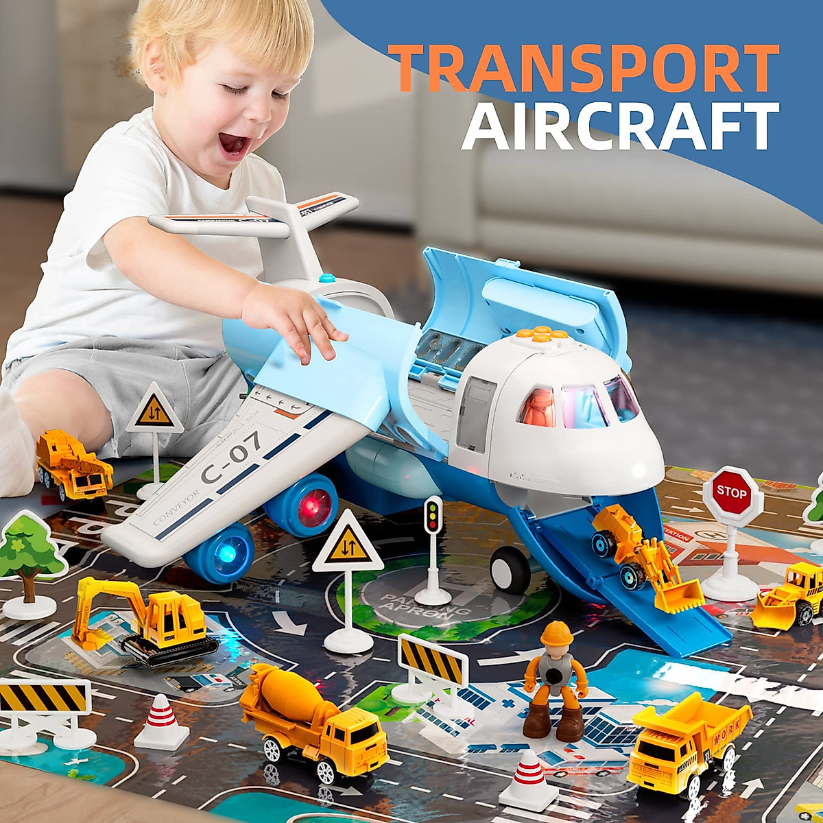 Transport Cargo Airplane, Large Theme Airplane Toy Set, Educational Toy Vehicle Play Set with Smoke Sound and Light, Fricton Powered Plane with Mini Cars and Men, Birthday Gift for Boys and Girls