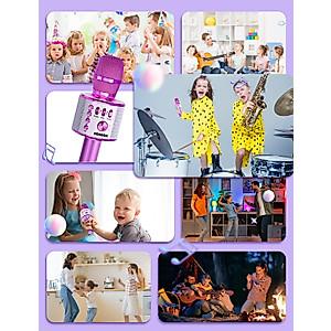 BONAOK Wireless Bluetooth Karaoke Microphone, Portable Toy Microphone for Singing, Gifts to Girls Boys Kids Adults All Age Q37（Bright Purple）