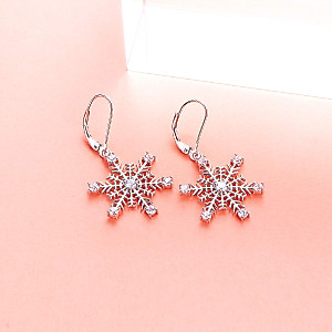 S925 Sterling Silver Snowflake Snow Dangle Drop Leverback Clasp Earrings for Women