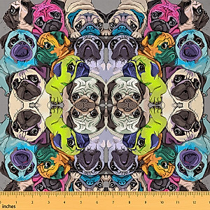 Colorful Pugs Fabric by The Yard, Cute Dog Upholstery Fabric, Cartoon Pet Animals Decorative Fabric, Hippie Kawaii Puppy Graffiti Kids Waterproof Fabric for Upholstery and Home Accents, 1 Yard