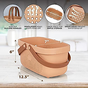 Brookstone BKH1634, Large Portable Shower Caddy with Soft Silicone Carrying Handle, Bathroom Organizer Basket, Plastic Bath Tote, Dries Quickly with Drainage Holes [BPA Free], Blush Color