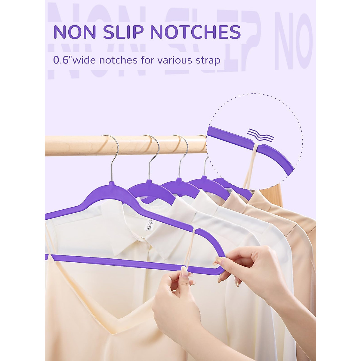 HOUSE DAY 60 Pack Plastic Hangers, Purple Hangers Extra Wide with 360°Swivel Hook, Space Saving Hangers for Bedroom Closet, Shirts, Pants, Heavy Duty Hangers Enough for Coat, Suit