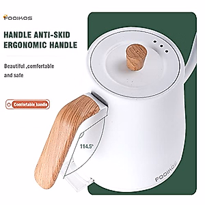 Fooikos Electric Gooseneck Kettle 0.8L for Pour Over Coffee and Tea, Food Grade 304 Stainless Steel, 1000W Quick Heating (White)