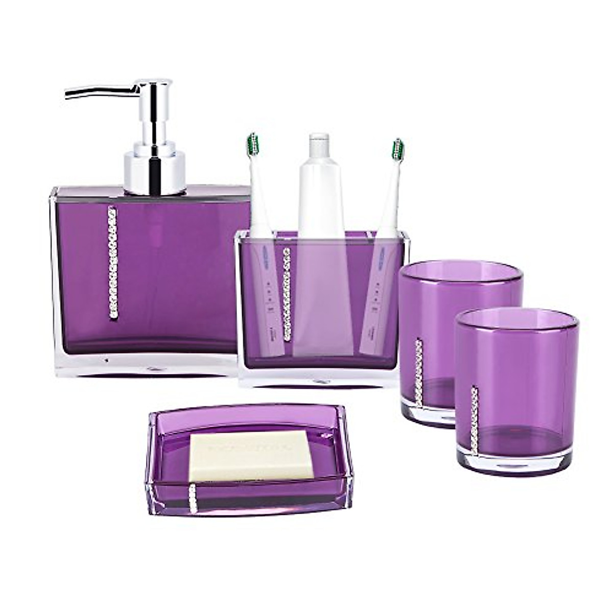 Yosoo 5 Pcs Bathroom Accessories Set Luxury Bath Vanity Set with Toothbrush Holder Containe Tumble Soap Dish Liquid Soap Lotion Pump Dispenser Purple Lotion Dispenser Soap Pump Toothbrush Cup