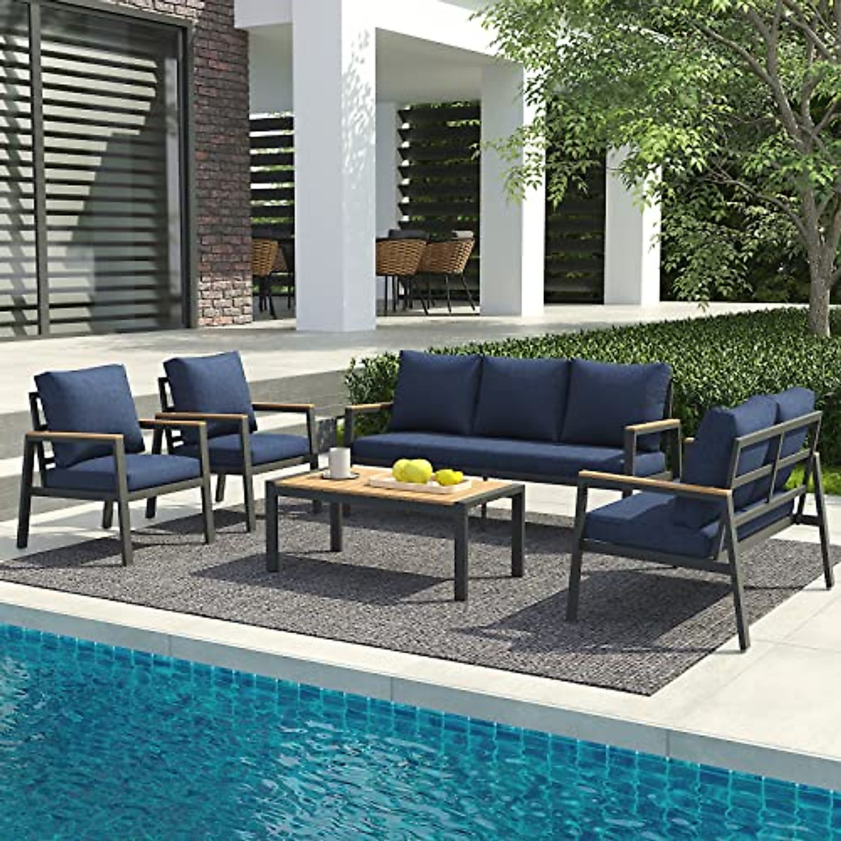 JOIVI Aluminum Patio Furniture Set, 5 Pieces Outdoor Conversation Set with Teak Wood Top Coffee Table, Sectional Sofa Set with Wood Armrest and Cushions for Outside Poolside, Lawn, Backyard, Navy Blue