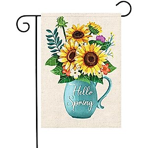 WODISON Hello Spring Summer Garden Flag Floral Sunflower Vase 12×18 Inch Double Sided Vertical Flag Burlap for Outside House Outdoor Decoration Banner (ONLY FLAG)
