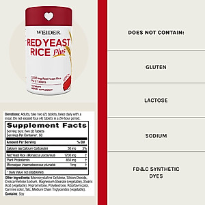 Weider Red Yeast Rice Plus 1200mg - With 850mg of Natural Phytosterols- Gluten FREE - One Month Supply
