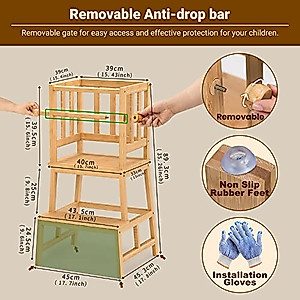 COSYLAND Kids Kitchen Step Stool，Toddler Standing Tower with CPC Certification, Removable Anti-Drop Railing Safety Rail Enjoys Unique Patented Design A Anti-tip Structure More Stable, Natural Bamboo