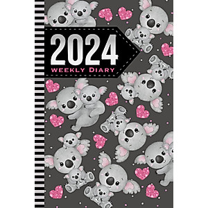 2024 Weekly Diary: 6x9 Dated Personal Organizer / Daily Scheduler With Checklist - To Do List - Note Section - Habit Tracker / Organizing Gift / Cartoon Gray Baby Koala Bear - Pink Heart Pattern