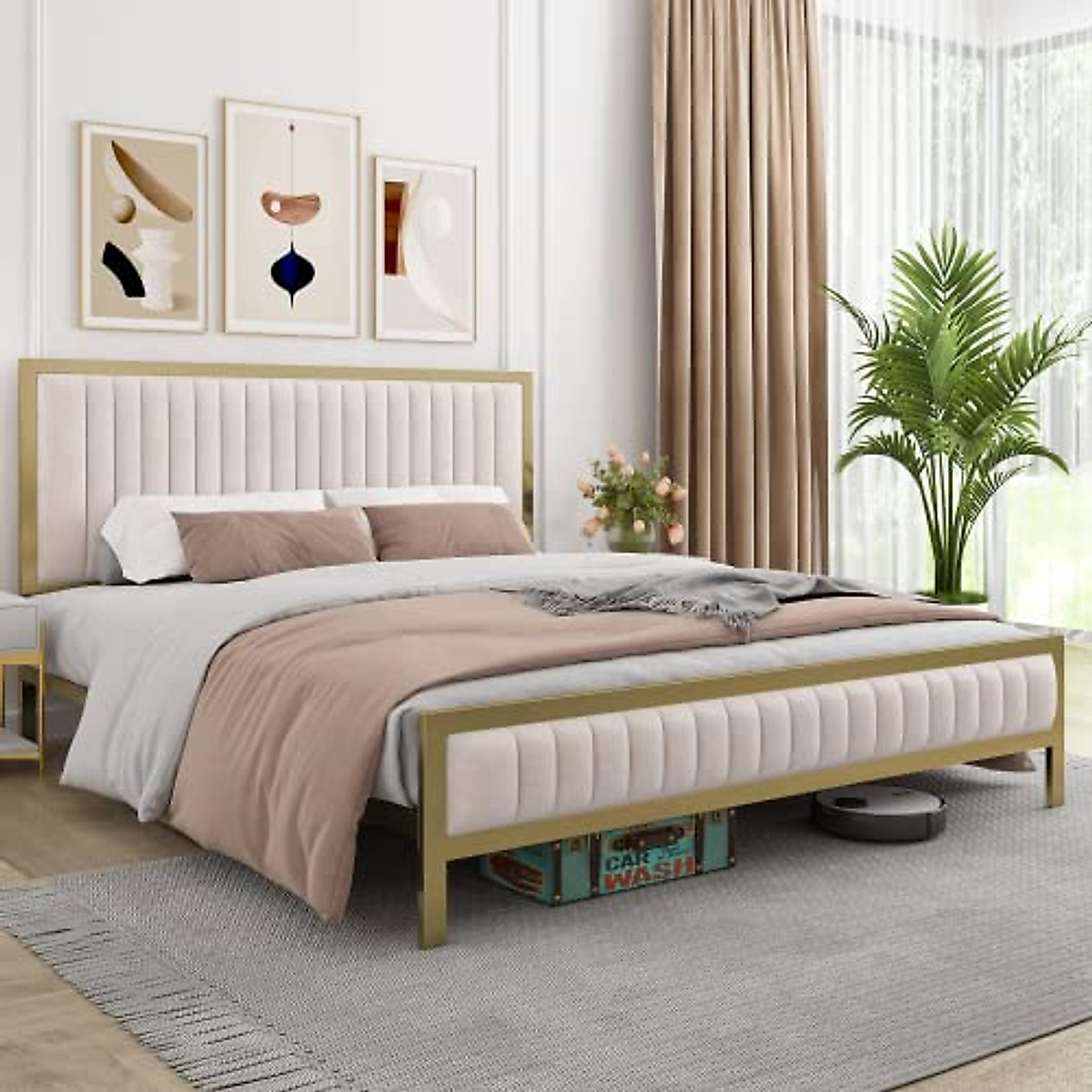Full Size Bed Frame, Velvet Upholstered Platform Bed Frame Full Size, Golden Metal Bed Frame with Headboard and Footboard, Wooden Slat Support/Mattress Foundation/No Box Spring Needed, Golden/Beige