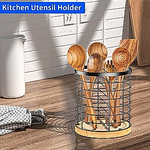 Toosci Kitchen Utensil Holder - Stainless Steel and Bamboo Utensil Holder, Utensil Holder for Kitchen Counter, Large