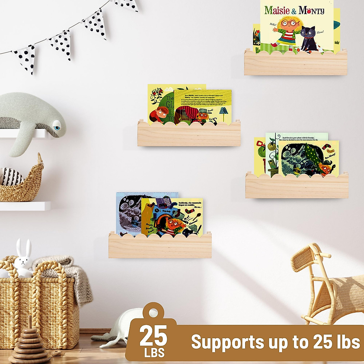 PHOENANCEE Scalloped Shelves,Nursery Bookshelf Set of 2,Kids Floating Book Shelves Wood,Baby Toys Storage Decor Organizer for Living Room Bedroom,Wavy Edge,Preassembled,Pine(Natural Wood)