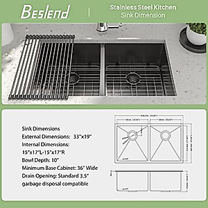 Beslend 33 Inch Black Undermount Kitchen Sink - 33”x19”x10” Stainless Steel Gunmetal Black 16 Gauge 10 Inch Deep 50/50 Double Bowl Kitchen Sink Basin