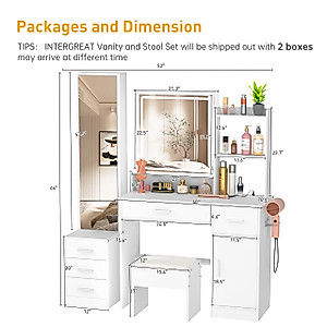 INTERGREAT Makeup Vanity Desk with Lights and Full-Length Mirror, White Vanity Table Set with 3 Lighting Modes, Dressing Table with Drawers, Large Vanity Desk for Women and Girls' Bedroom