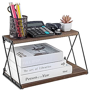 MyGift Wall Mounted 2 Tier Floating Display Shelf, Rustic Burnt Wood Collectibles Storage Shelf with Geometric Matte Black Metal Wire Side Brackets