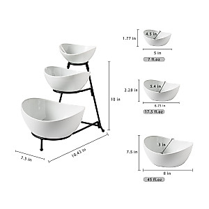 Gomakren 3 Tiered Oval Serving Bowl With Collapsible Metal Rack, Dessert Appetizer, Candy Chip Dip, Fruit, Vegetable Bowl Set, White Serving Dishes For Entertaining (Black)