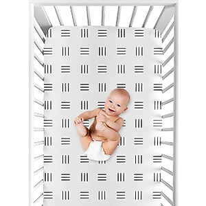 Sweet Jojo Designs White and Black Boho Mudcloth Boy Girl Fitted Crib Sheet Baby or Toddler Bed Nursery - Black and White Bohemian Woodland Tribal Southwest Mud Cloth Hatch Gender Neutral Triple Line