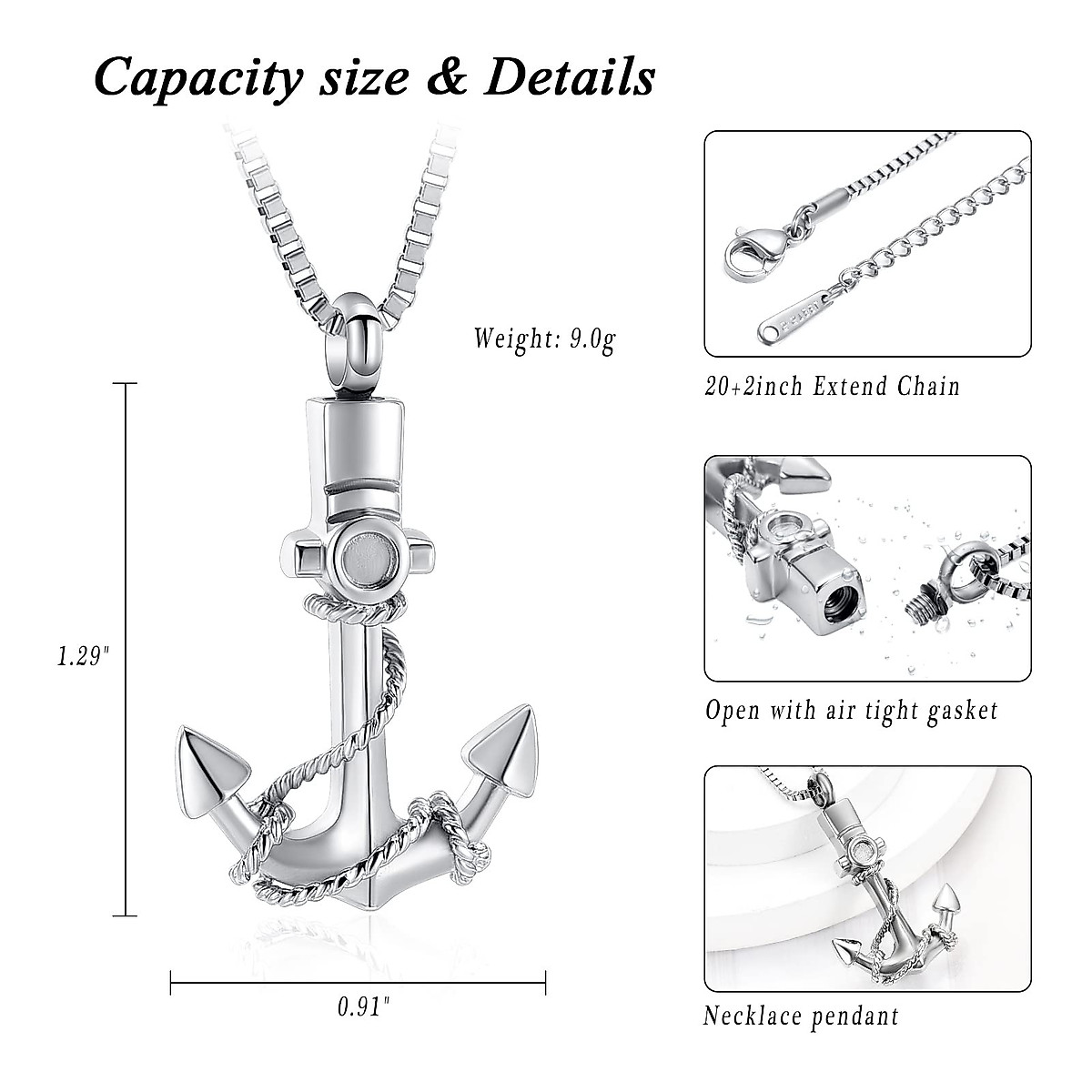 XSMZB Cremation Jewelry for Ashes Anchor Urn Necklace for Men Women Memorial Ashes Holder Keepsake Urn Pendant (Silver)