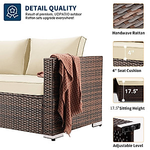 UDPATIO Patio Furniture Sets, Modular Rattan Outdoor Patio Sectional Furniture Sofa Set, Wicker Patio Conversation Set for Backyard, Deck w/Glass Table, 7PC Brown/Cream (Include Sofa Cover)