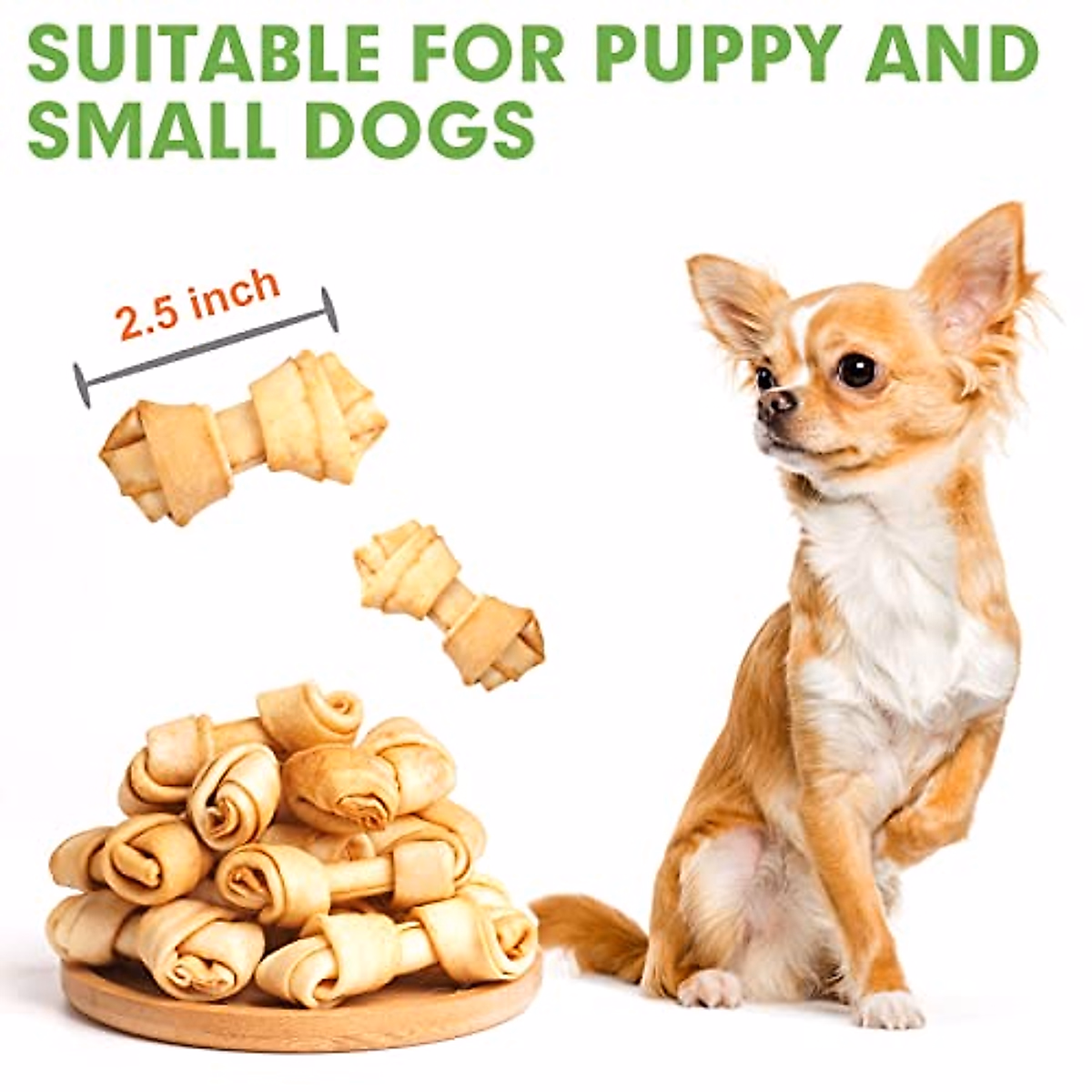MON2SUN Dog Rawhide Knot Bones Small Rawhide Bones Mini Dog Chews Chicken Flavour 2.5 Inch 60 Count for Puppy and Small Dogs