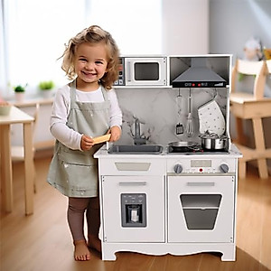 Wooden Play Kitchen Set for Kids, Toy Kitchen Playset with Real Lights and Sounds, Gift for Boys Girls Age 3+, Dimensions: 32” H x 28” W x 11” D (White)