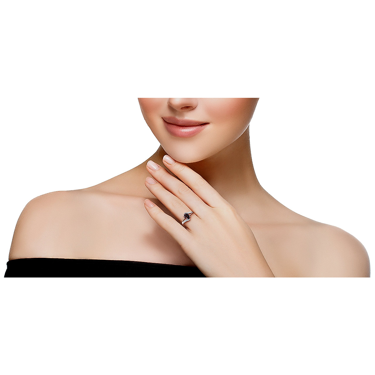 PEORA Garnet and Diamond Solitaire Bypass Ring for Women 14K White Gold, Genuine Gemstone Birthstone, 1.50 Carats Oval Shape 8x6mm, Size 8