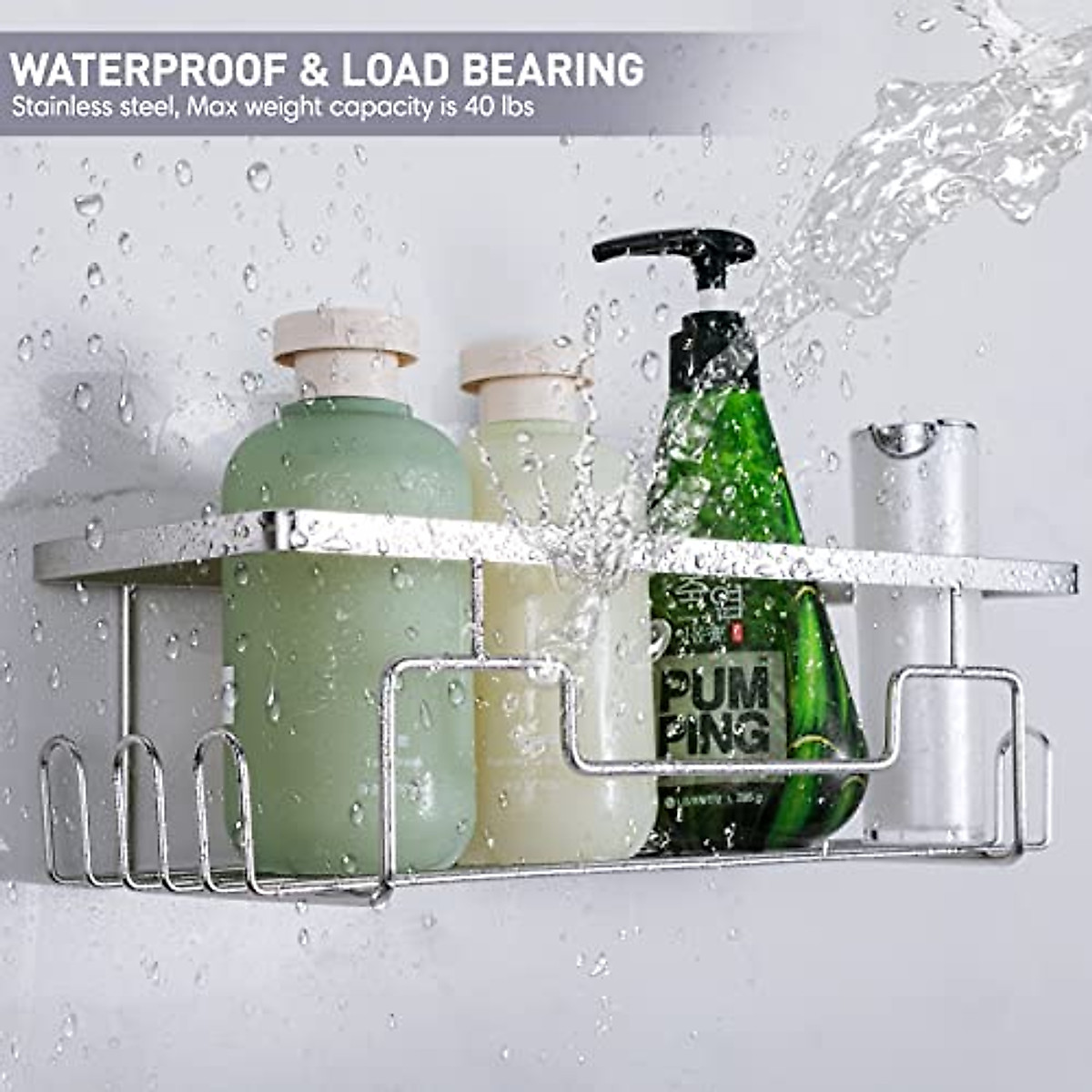 Softor 3 Pack Shower Caddy Shelf with Soap Holder and Hooks, Adhesive Shower Shelves with Waterproof Stainless Steel, No Drilling Bathroom Caddy Organizer Shower (Sliver), Silver