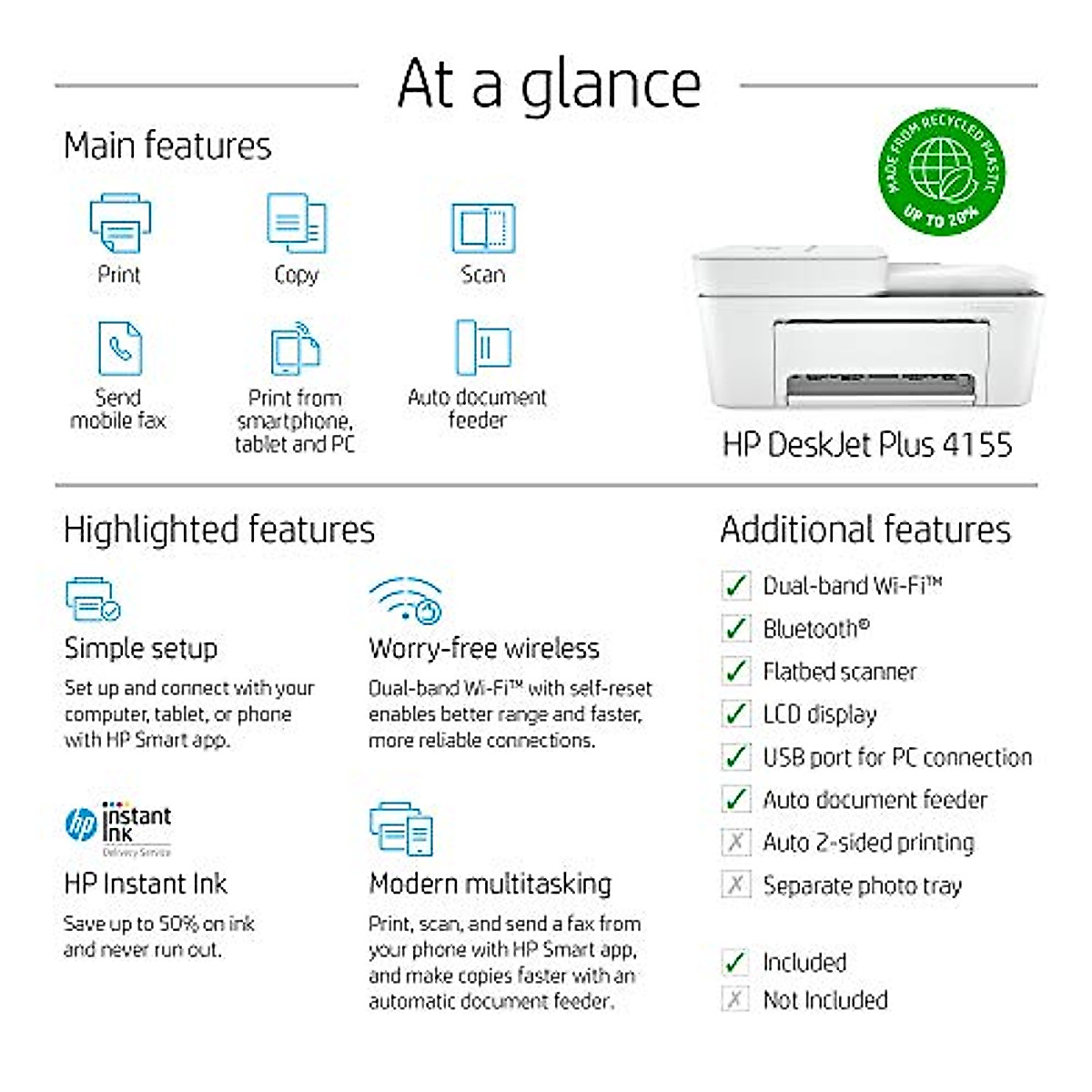 HP DeskJet Plus 4155 Wireless All-in-One Printer, Mobile Print, Scan & Copy, HP Instant Ink Ready, Auto Document Feeder, Works with Alexa (3XV13A)