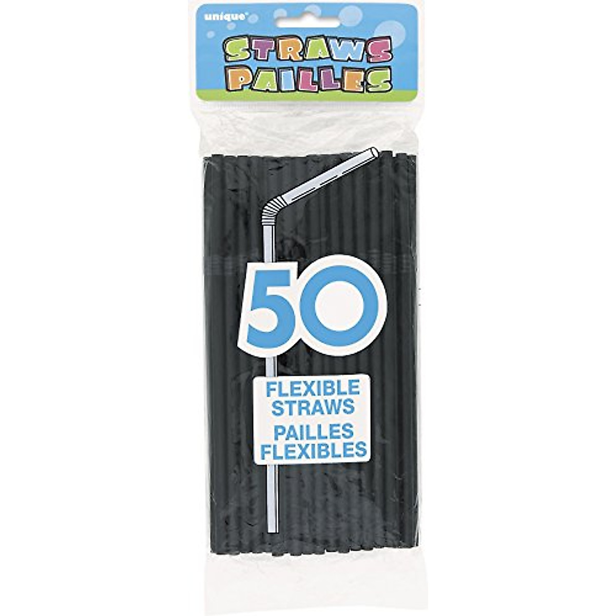 Unique Industries Black Plain Flexible Plastic Straws 50 Pcs, 8"
