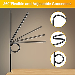 Desk Lamp Clamp, 12W Bright LED Desk Light for Home Office, Eye-Caring Table Light for Dorm Room, 3 Color 10 Brightness, Long Flexible 360° Goosenecks, Metal Swing Arm, 10W USB Adapter, Black.
