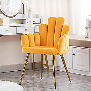 HNY Velvet Accent Chair Set of 4, Finger Shape Upholstered Arm Chair, Mid Century Modern Living Room Dining Makeup Vanity Chairs, with Gold Metal Legs, Yellow
