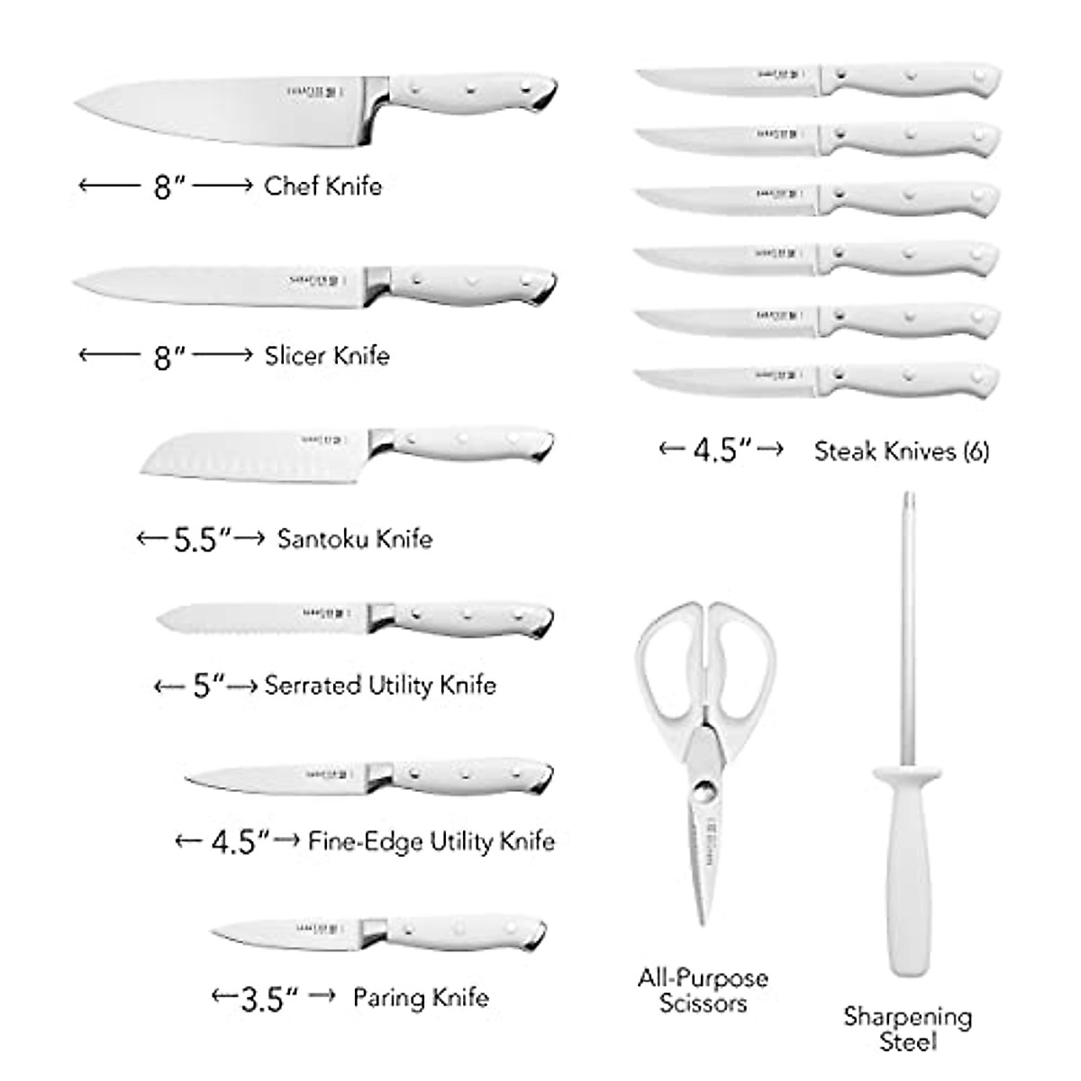 Sabatier 15-Piece Forged Triple Rivet Knife Block Set, High-Carbon Stainless Steel Kitchen Knives, Razor-Sharp Knife set with Acacia Wood Block, White Handles