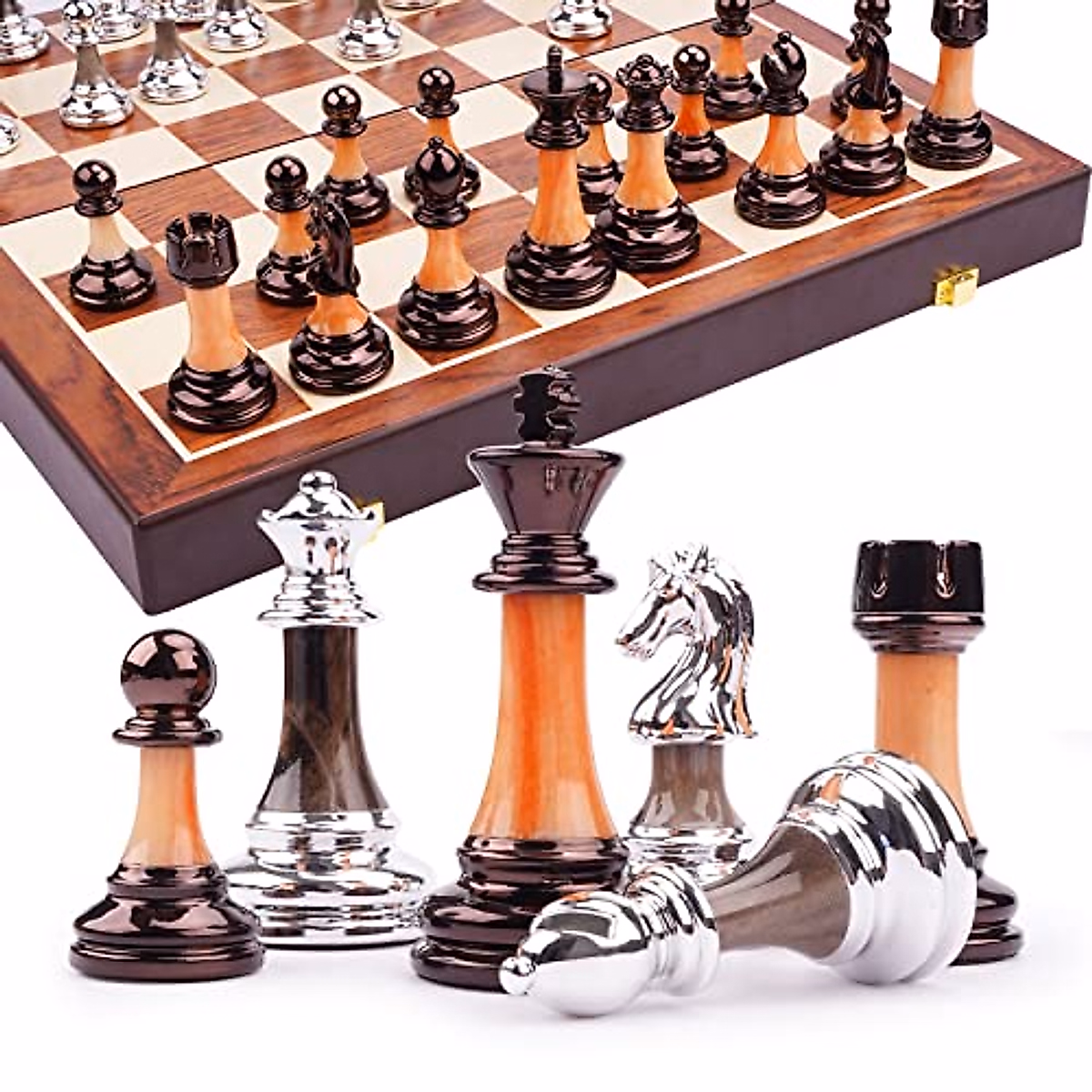 15" Metal Chess Sets for Adults Kids with Zinc Alloy + Acrylic Chess Pieces & Portable Folding Wooden Chess Board Travel Chess Set Board Game Gift – Metal Staunton Chess Pieces, & Storage Box