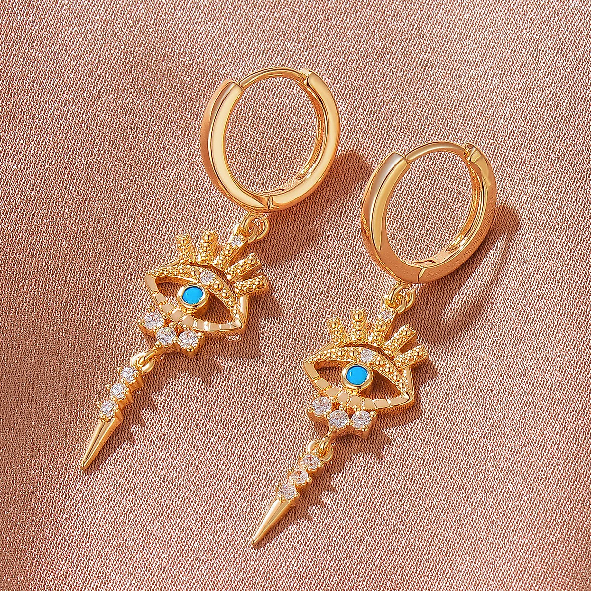 GDCOIN Dangle Earrings for Women Gold Huggie Hoop Heart Oval Open Evil Eye Drop Turquoise Diamond Cubic Zirconia 14K Gold Plated Delicate Small Simple Hypoallergenic Ear Jewelry Gift