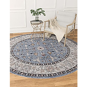 Rugs.com Eco Traditional Collection Rug – 7 Ft Round Harbor Blue Medium Rug Perfect for Kitchens, Dining Rooms