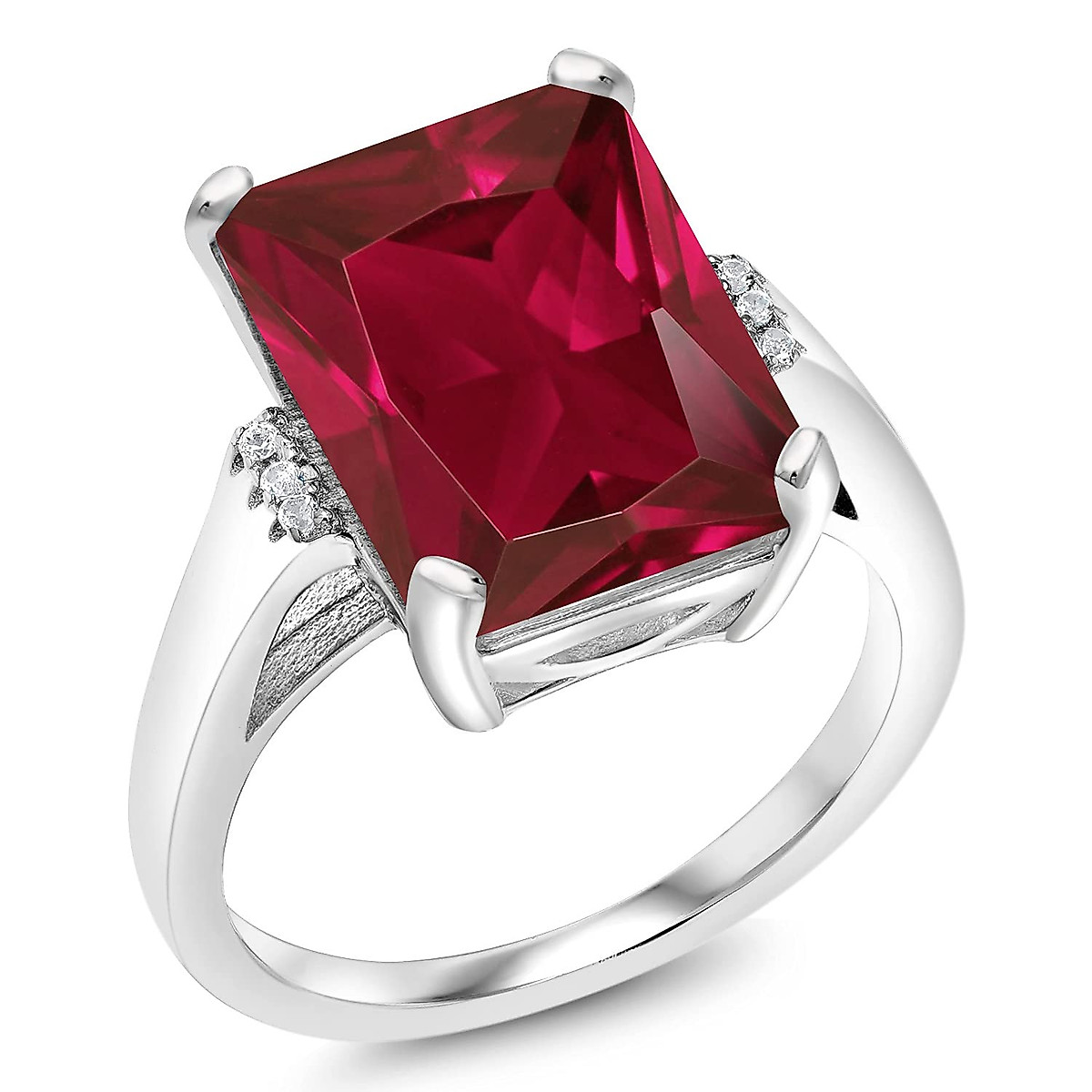 Gem Stone King 925 Sterling Silver Red Created Ruby Ring For Women (5.07 Cttw, Emerald Cut 14X10MM, Available in size 5, 6, 7, 8, 9)