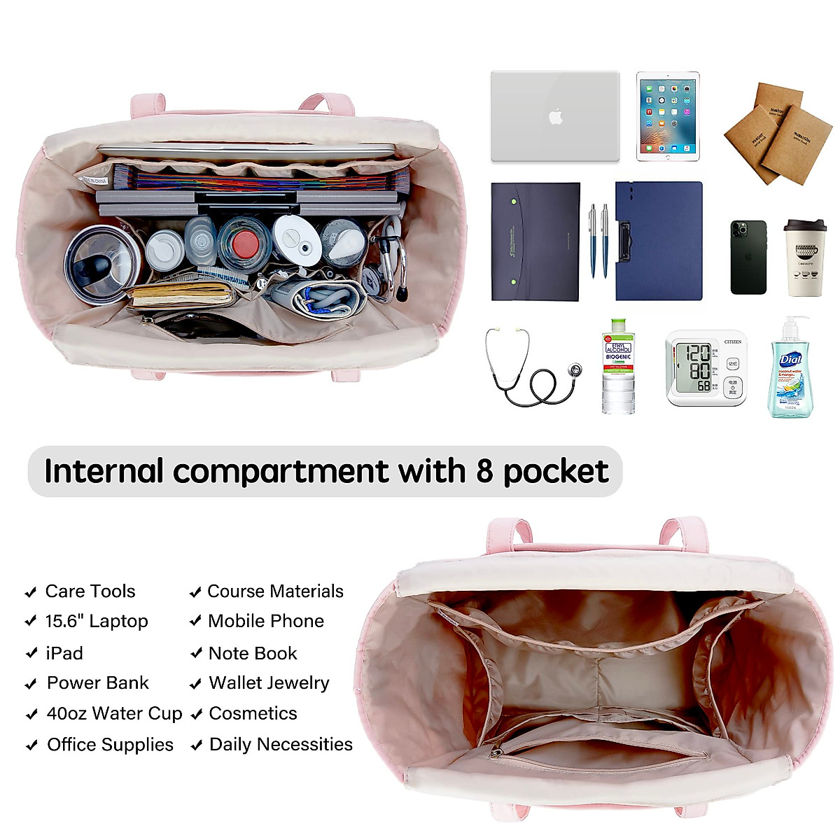 Utility Teacher Tote Bag for Women Work Bags Quilted Large Nurse Tote Bag with Pockets for 15.6" Laptop for Teacher Supplies (Pink)