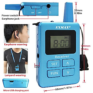 EXMAX ELGT-470 UHF Wireless Whisper Acoustic Transmission System Church Translation Teaching Summit Simultaneous Interpretation Walking Tour 1 Transmitter 12 Receivers + Silver Aluminium Storage Case