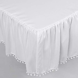 TILLYOU Ruffled Crib Skirt with Pompoms, Microfiber Nursery Crib Toddler Bedding Skirts for Baby Boys Girls, 14'' Drop, White