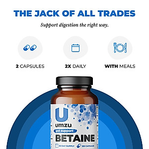 UMZU Betaine HCl Supplement | Digestive Support, Gastric Comfort, Nutrient Absorption & Cardiovascular Support | Natural Digestion & Gut Health Aid (120 Capsules)