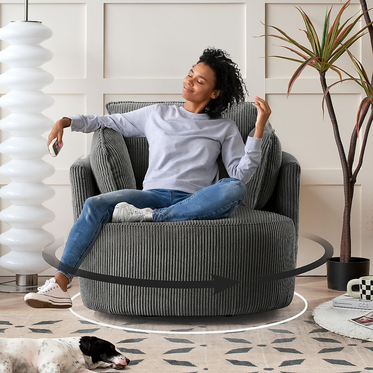 Chorlenimi Swivel Accent Chair,Corduroy Accent Chairs for Living Room,Comfy Living Room Chairs,Oversized Swivel Chair for Bedroom,360° Barrels Chairs,No Assembly Required