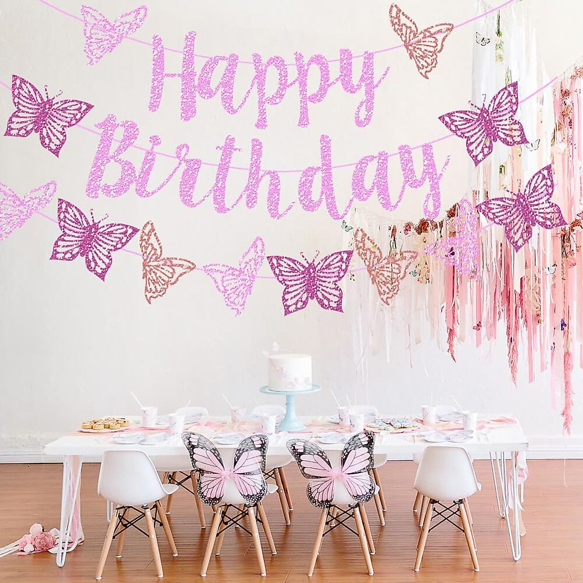 Vetwo Butterfly Birthday Decorations Pink Glitter Butterfly Happy Birthday Party Banner for Spring Butterfly Themed Gender Reveal Baby Shower 1st 2nd 3rd 4th Happy Birthday Party Supplies Decorations