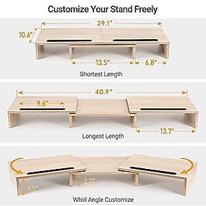 AMERIERGO Dual Monitor Stand -Adjustable Length and Angle Dual Monitor Riser, Computer Monitor Stand w/2 Slot, Desktop Organizer, Monitor Stand Riser for PC, Computer, Laptop (Wood)