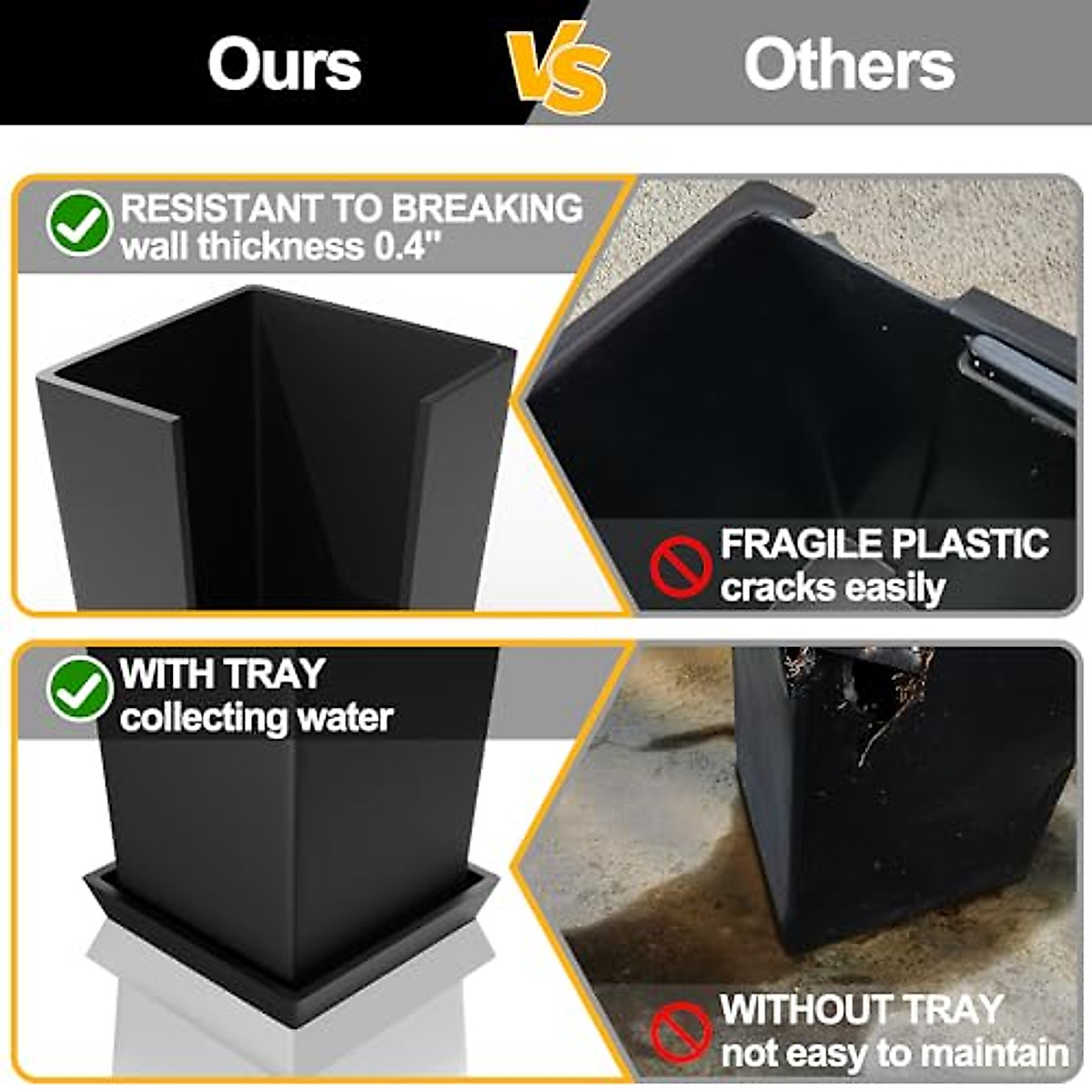 Elevens Tall Planters 20 Inch Tapered Square Planters Garden Flower Pots,Indoor/Outdoor Planter with Tray, Large Planter for Patio Black-2 Pack