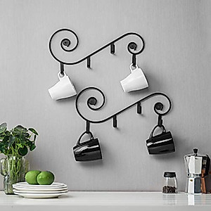 MyGift Set of 2 Vintage Scrollwork Design Wall Mounted Metal Mug Hook Air Drying Rack, Black