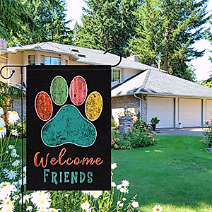 Welcome Dog Paws Garden Flag 12x18 Double Sided, Small Burlap Dog Garden Yard Flags Welcome Friends for House Outside Outdoor Holiday Decor (ONLY FLAG)