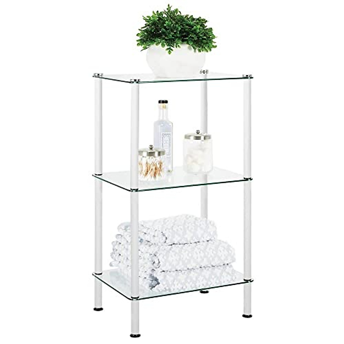 mDesign Metal/Glass 3-Tier Storage Tower, Narrow Shelving Display Unit, Open Glass Shelves; Multi-Use Stand for Living Room, Bathroom, Home Office, Hallway, Bedroom Organization - White/Clear