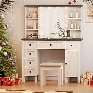 ANWBROAD Farmhouse Make up Vanity Desk with Mirror and Lights 43" Vanity Set with Power Outlet 3 Lighting Colors Adjustable Vanity Table 6 Drawers Storage Shelves Cabinets Stool Bedroom White UBDT60W