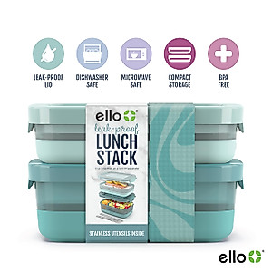 Ello 2-Pack Bento Box Lunch Stack Plastic Food Storage Container | Leak-Proof Locking Plastic Lids | Silicone Base | BPA-Free | Freezer Microwave and Dishwasher Safe | Mint Chip